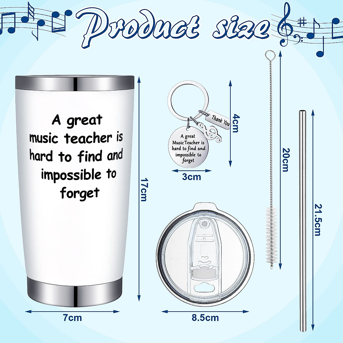 Rtteri Christmas Teacher Gift 20 Oz Tumbler with Lid Straw Brush and Music Teacher Keychain Music Teacher Appreciation Gift for Xmas Women Piano Guitar Violin Music Teacher Graduation Birthday Gift