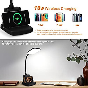Vicsoon Desk Lamp with Wireless Charger, LED Desk Lamps for Home Office, 800 Lumens, Small Desk Lamp with Pen Holder, Flexible Arm, 3 Modes, Dimming, Touch Lamp for College Dorm Room, with Adapter