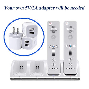 4-in-1 Charging Station for Wii Remote Controller with Rechargeable Batteries and Motion Sensor, Dock, Cable and Adapter - The Ultimate Charger for Nintendo Wii U/Wii（White）