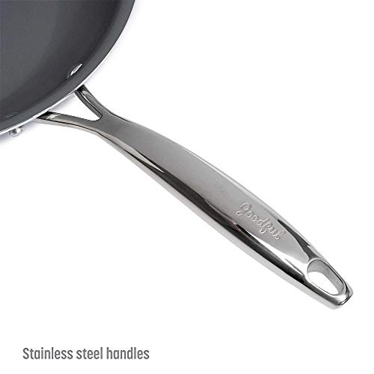 Goodful Ceramic Nonstick Pots and Pans Set, Titanium-Reinforced Premium Nonstick Coating, Dishwasher Safe Pots and Pans, Tempered Glass Steam Vented Lids, Stainless Steel Handles, 12-Piece, Gray