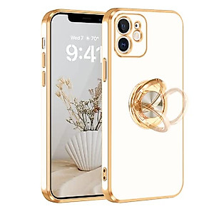 Fingic iPhone 12 Case with 360° Rotatable Ring Holder Magnetic Kickstand, Shiny Plating Gold Edge, Slim Soft TPU Shockproof Protective Cover for Women, Men, White