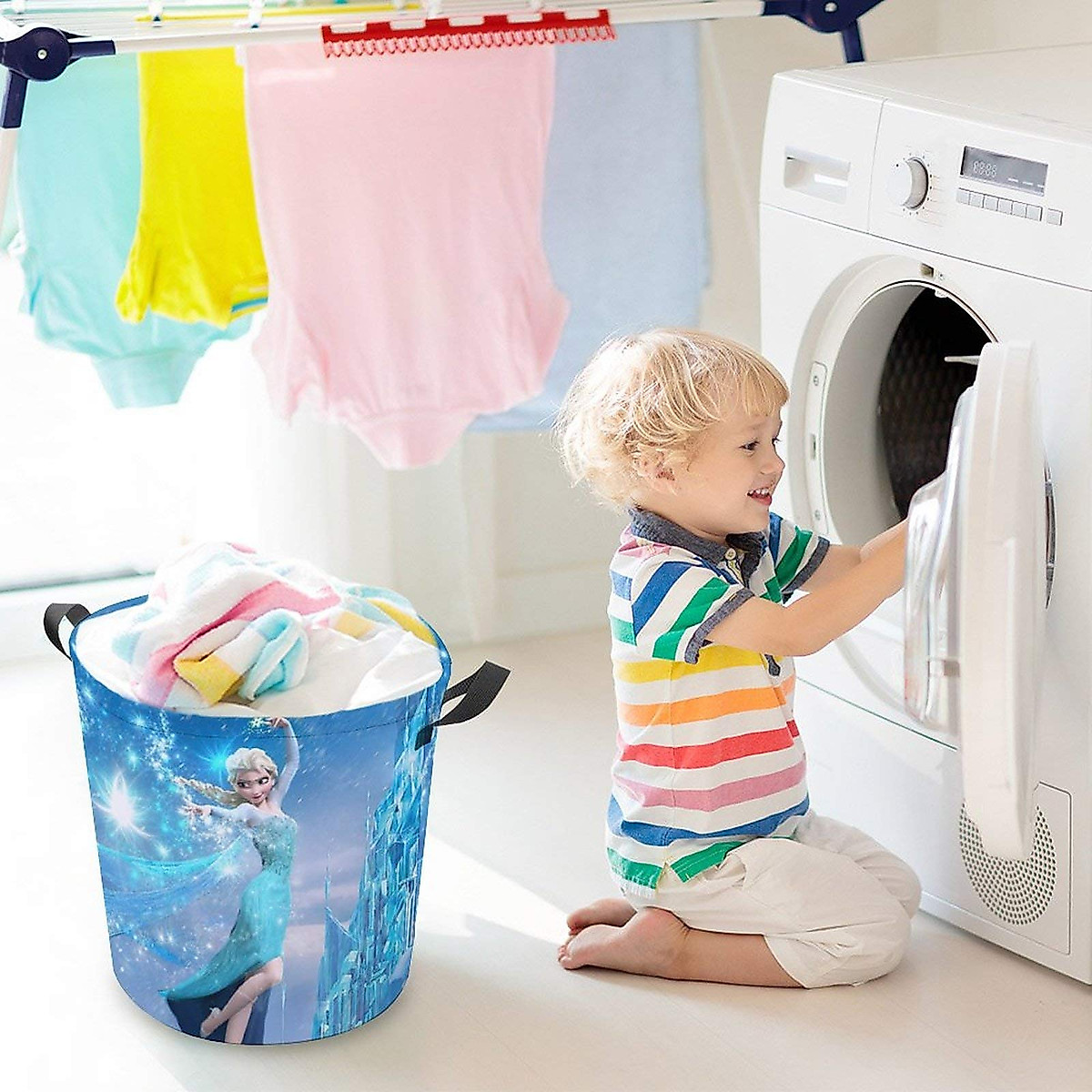 ZOVENCHI Fro-Zen Elsa and Anna 17.3 inch Waterproof Foldable Laundry Hamper,Dirty Clothes Laundry Basket,Oxford Cloth Bin Storage Organizer for Nursery Clothes Toys