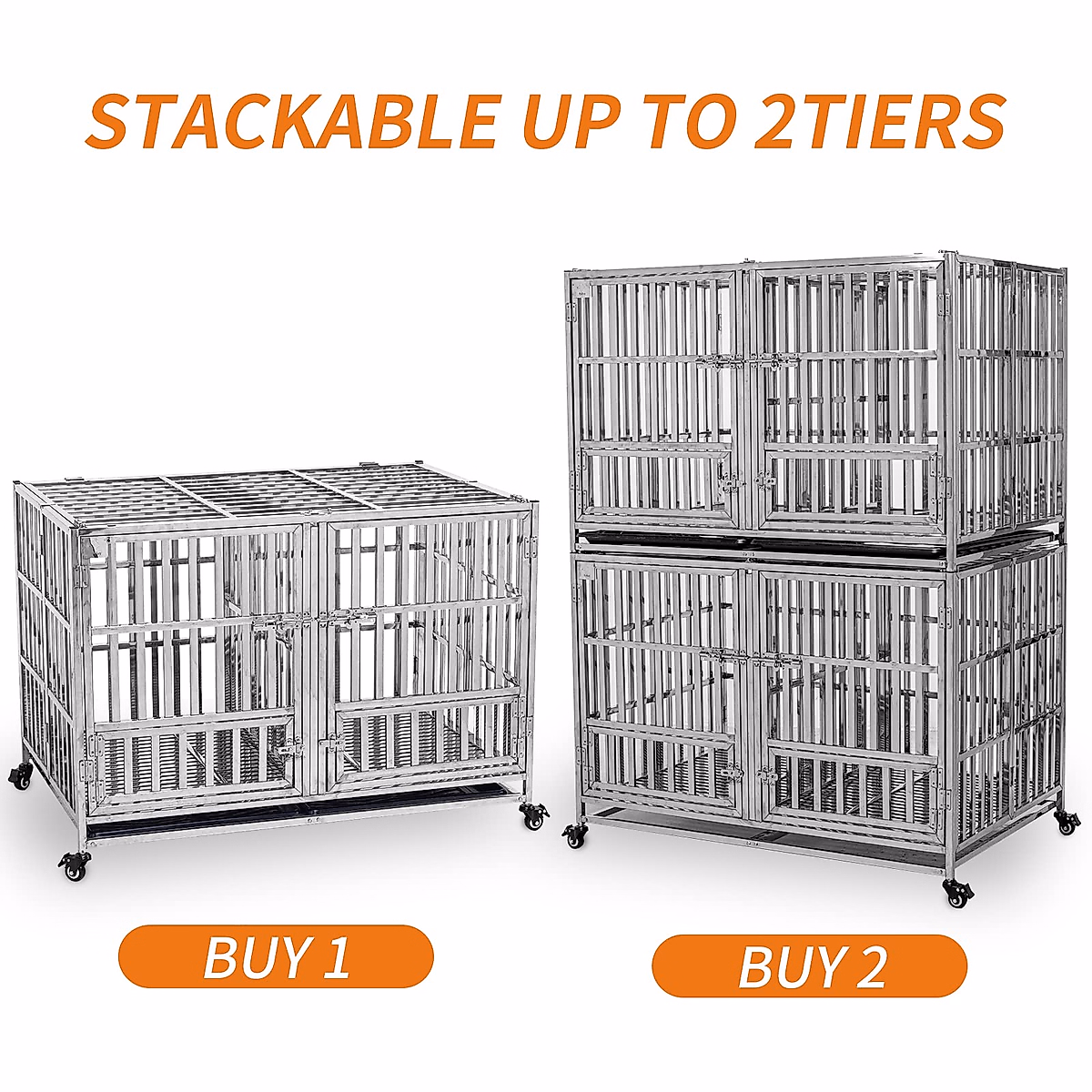 RyBuy 48" Heavy Duty Dog Cage Foldable Stackable Stainless Steel Kennel Cage for Small Dogs with Floor Grid, Tray, Divider
