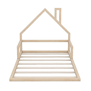 MERITLINE Full Size Floor Bed with House-Shaped Headboard, Full Montessori Floor Bed Wood Frame, No Box Spring Needed, for Kids Teens Girls Boys (Natural)