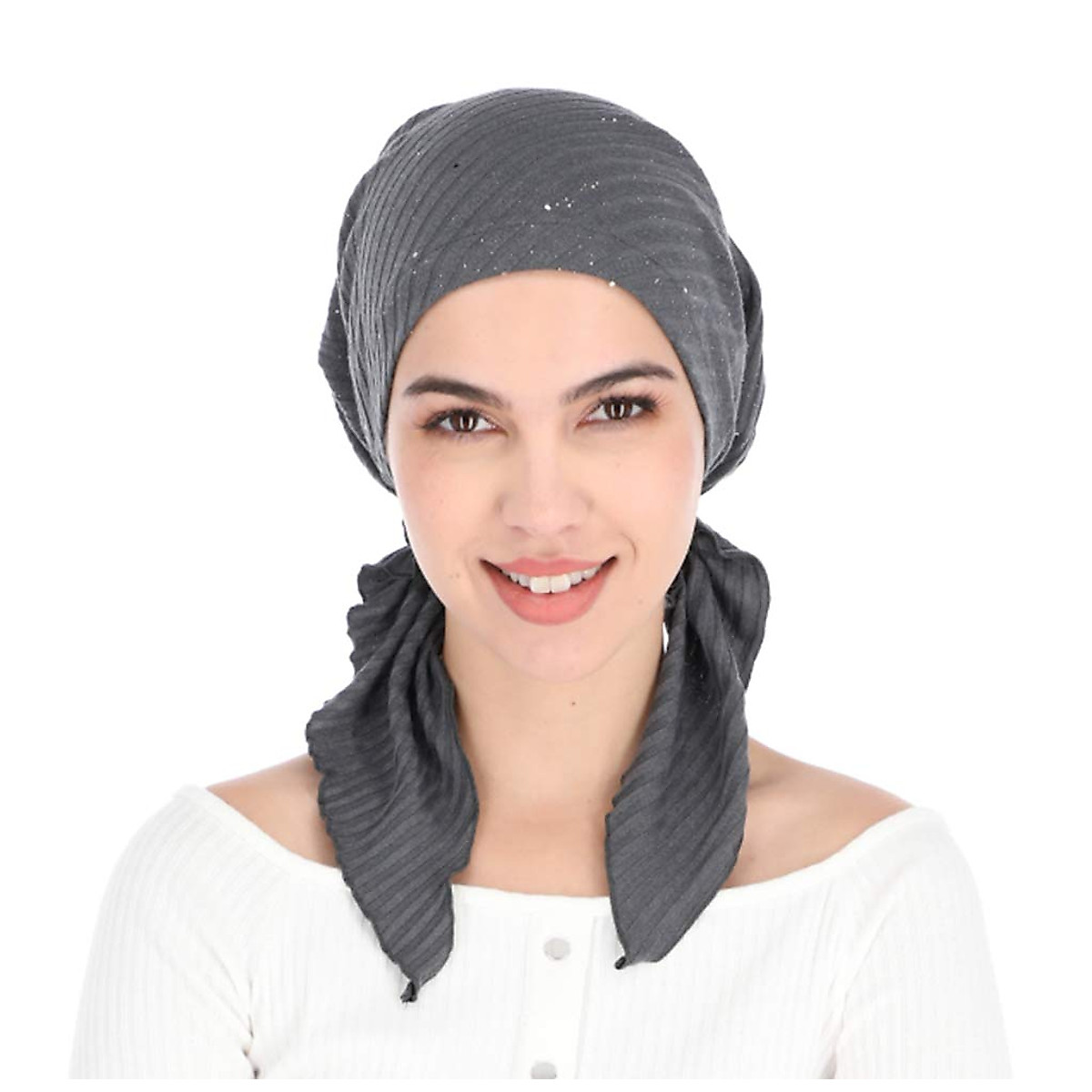 Madison Headwear Pre-Tied Hair Scarves for Women Featuring A Unique Sparkly Foil Finish and Stretchy Ribbed Fabric (Heather Grey)