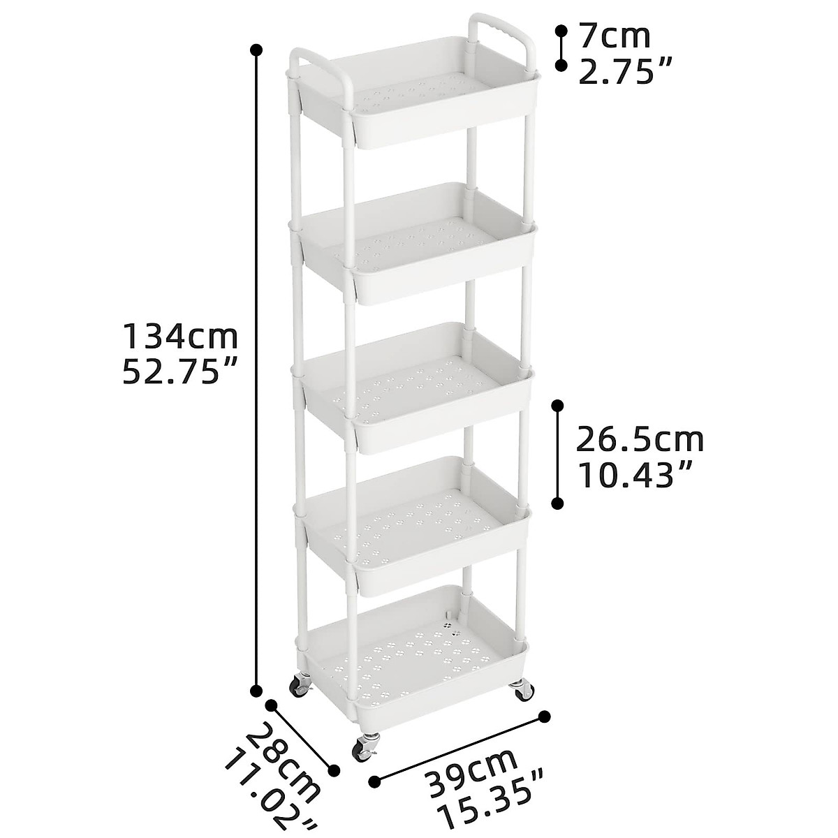 JIUYOTREE 5-Tier Rolling Storage Cart Utility Cart with Lockable Wheels for Living Room Bathroom Kitchen Office White