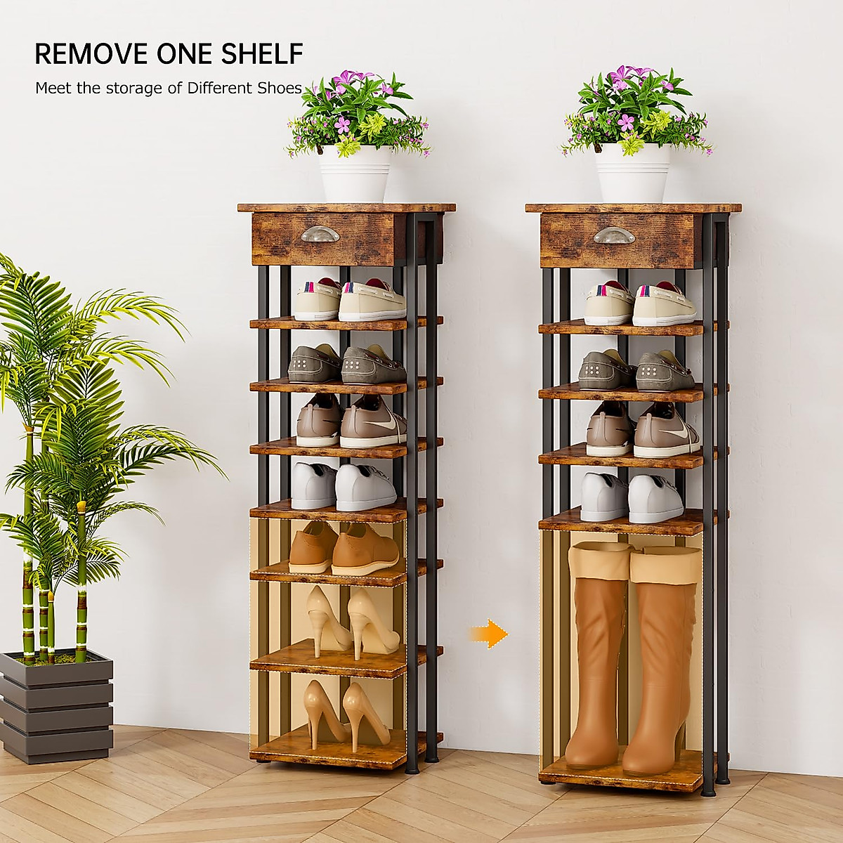 Homeiju Shoe Rack Organizer,8-Tier Vertical Shoe Rack,Wooden Shoes Rack for Entryway,Narrow Shoe Rack Shoes Storage Organizer with Wooden Top & Drawer for Entryway, Hallway,Rustic Brown