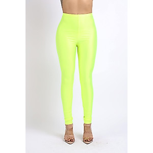 OFENTI Shiny Leggings High Waist Neon Leggings Elastic Stretch Skinny Comfy Lightweight Pants Tights Disco Party Rave Neon Yellow Medium