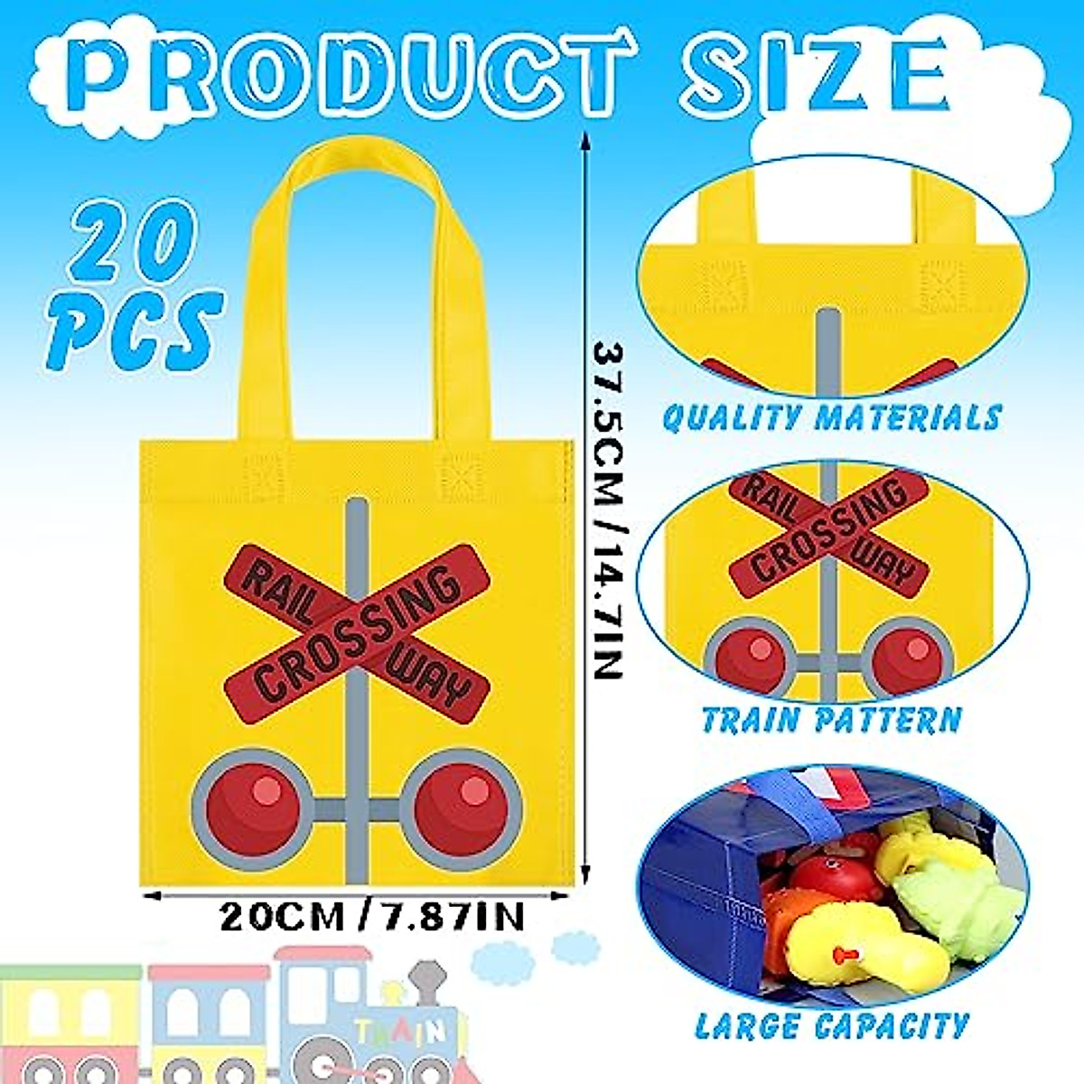 Pinkunn 20 Pieces Reusable Mini Train Party Tote Bags 6 Designs Gift Reusable Bags with Long Handles Gift Bag Goodie Treat Bags with Handles Party Favor