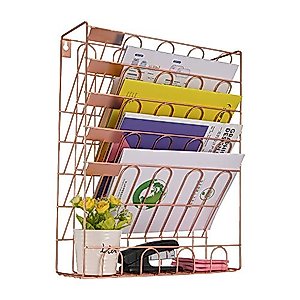 Spacrea Hanging File Holder Organizer - 6 Tier Wall Mount File Organizer for Women, Hanging Wall File for Office, School or Home, Rose Gold