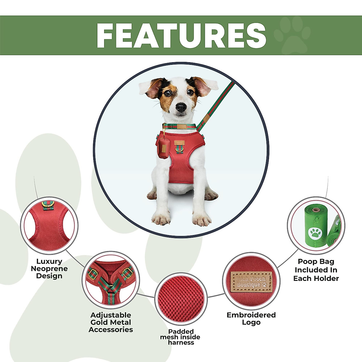Rich Pooch Boutique Luxury Dog Bentley Harness Set in Red - Red Neoprene Padded Harness, Collar, Leash and Poop Holder Set Fits Small, Medium and Large Sized Dogs Free Poop Bag Included (M)