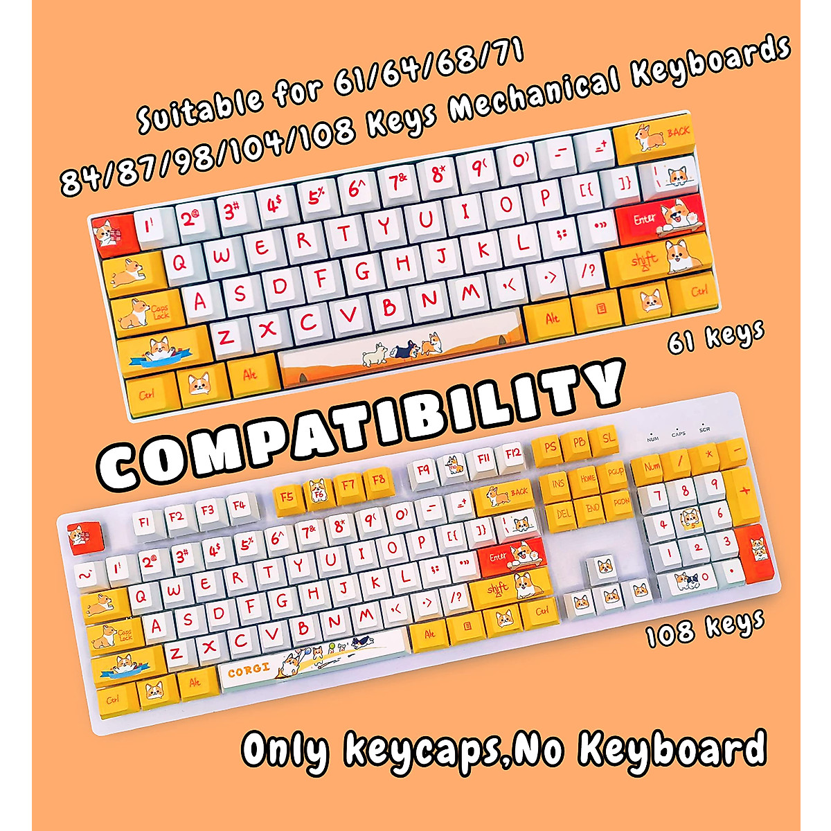Corgi Dog Keycaps for Cherry MX Switches Cute Pets Mechanical Gaming Keyboard, PBT Key Caps Set（English Version）