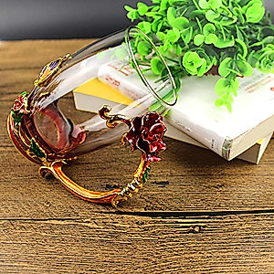 Birsppy FENHAR Luxury Upgrade Enamel Glass Of Rose Bowl Heat-Resistant Crystal Glass Coffee Cup Couples Creative Gift Flower Tea Cup(red Tall mug)