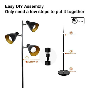 Depuley 3 Lights Tree Floor Lamp, Industrial LED Metal Reading Lamp, Skinny Floor Lamp,Farmhouse Black Standing Light for Living Room, Office, Adjustable Heads, Foot Switch, Bulb Included