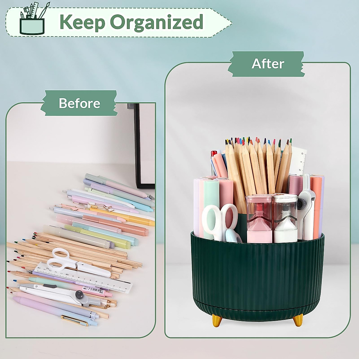 SKYDUE 360 Degree Rotating Desk Organizer, Dual-Purpose Pencil Pen Holder for Desk, Rotating Desk Pen Organizer with 5 Slots, Art Supplies, Pencil Cup for Office, School, Home