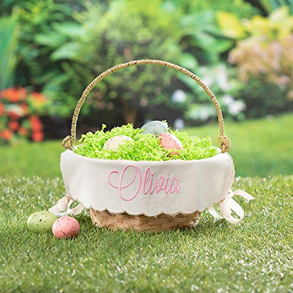 Personalized Easter Egg Basket with Handle and Custom Name in Pink Script | Scallop Edge Linen Easter Basket Liners | Tan Basket | Woven Easter Baskets for Kids and Adults | Customized Easter Basket