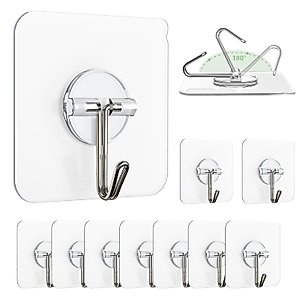 Lomrsiul Adhesive Wall Hooks for Hanging - Clear Removable Ceiling Hooks 13lb Stainless Steel Self Adhesive Hooks Waterproof Sticky Hooks for Mantel Window Kitchen Cabinet Shower Wardrobe 10 Pack