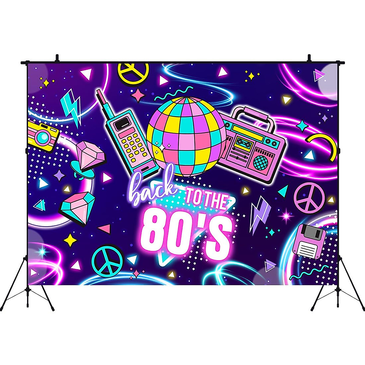 Aperturee 7x5ft Back to The 80s Party Backdrop Disco Theme Retro Style Photo 80's Birthday Music Disco Ball Mobile Phone Radio Photography Background 1980's Neon Eighties Photobooth Props