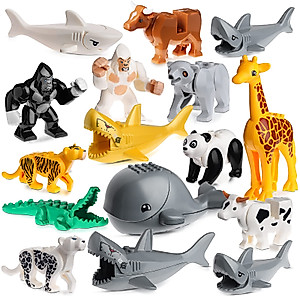 Aoriher 16 Pcs Zoo Animals Building Blocks Jungle Model Figures Set with Orangutan Panda Shark Giraffe Panda Building Bricks for Adults City Animal Building Bricks Figures Compatible with Major Block