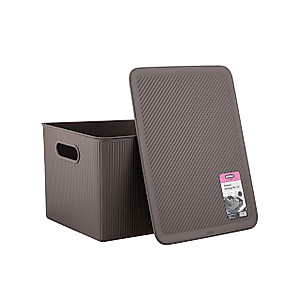 Superio Ribbed Collection - Decorative Plastic Lidded Home Storage Bins Organizer Baskets, X-Large Brown (2 Pack - 22 Liter) Stackable Container Box, for Organizing Closet Shelves Drawer Shelf