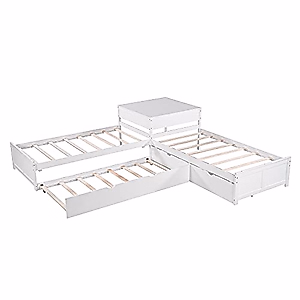 P PURLOVE L Shaped Twin Platform Bed with 2 Drawers, Wooden Platform Bed Frame with Trundle, Platform Bed with Built-in Square Table, Easy Assembly, No Box Spring Required, White