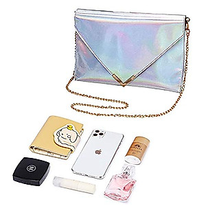 Monique Women Colorful Holographic Evening Clutch Envelope Handbag Small Chain Cross-body Bag Shoulder Bag 167 Silver