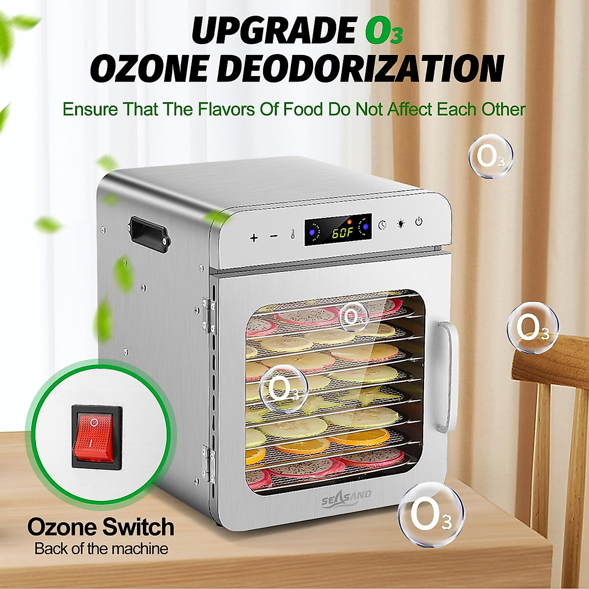 SEASAND Food Dehydrator Machine | 10 Stainless Steel Trays, Ozone Deodorization, Independently Control Temperature And Time, Rear-Mounted Fan, 24 Hours Timer - Max Temperature 194℉