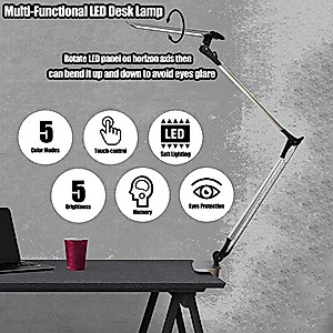 Amzrozky Workbench Light,Drafting Table Lamp for Artist,Architect LED Desk Lamp, Task Lamp with Clamp,Eye-Care Dimmable Office Light with 5 Color 5 Brightness,Touch Control,Memory Function,Silver