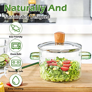 1.5L/51oz Glass Pot Glass Soup Ladle Set Glass Cooking Pot Glass Pots for Cooking on Stove Simmer Pot Oven Gas Safe (Green Handle Glass Pot, Glass Spoon)