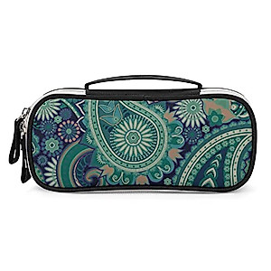 Green Paisley Pattern PU Leather Pencil Pen Case Organizer Travel Makeup Handbag Portable Stationery Bag