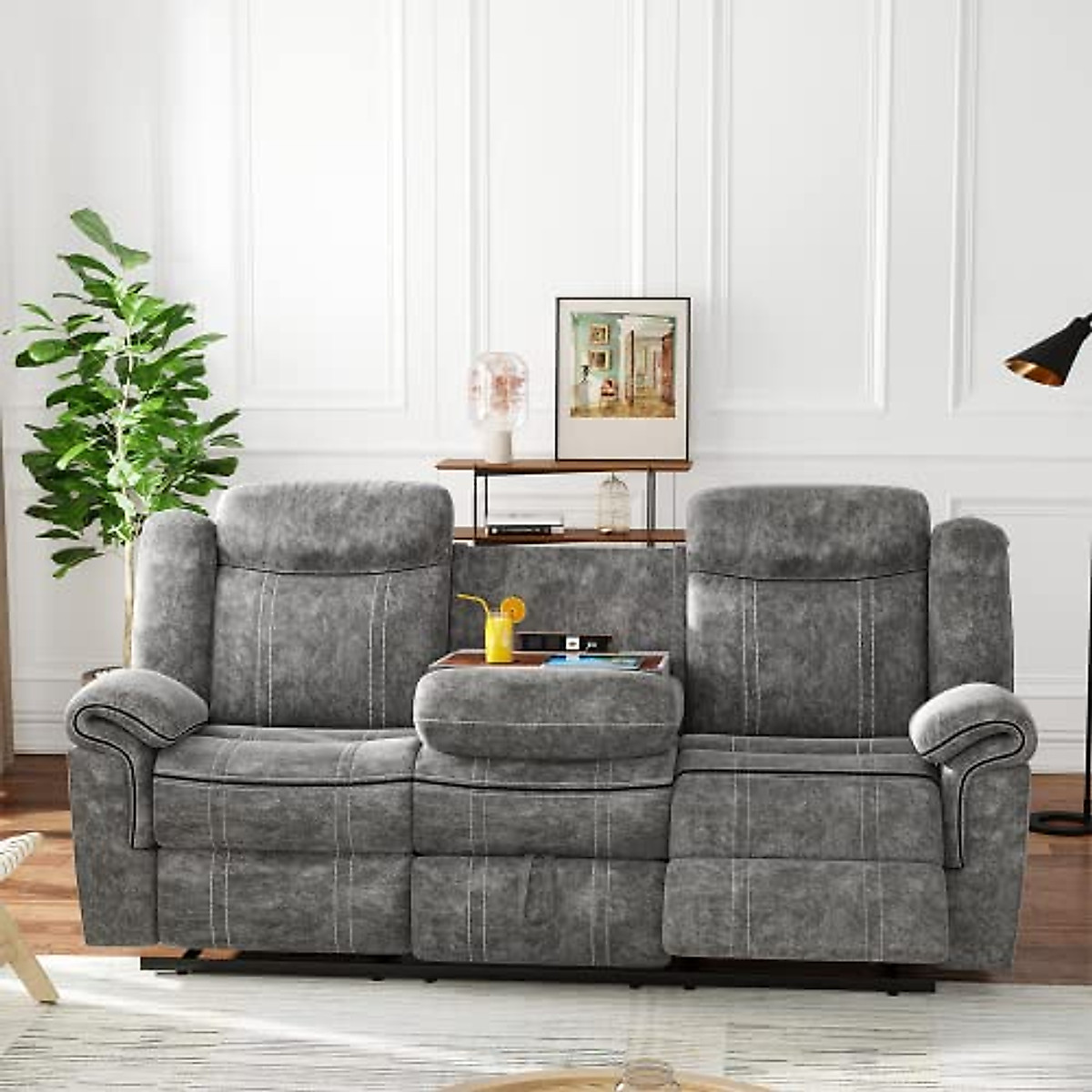 Acme Furniture Zubaida 41" x 87" Modern Velvet Reclining Sofa with USB Dock, 1 Storage Drawer, Tight Back & Seat Cushion, in 2-Tone Gray Finish
