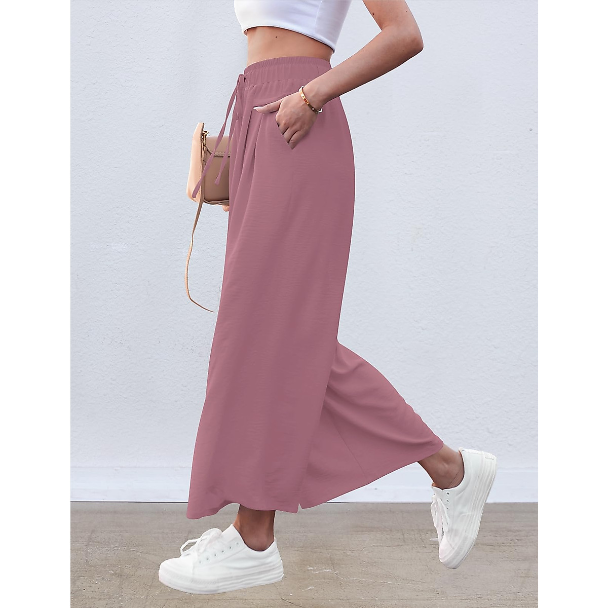 ZJCT Wide Leg Palazzo Pants for Women Summer Beach Pants Flowy Loose Casual Lounge Pajama Yoga Pants with Pockets DarkPink XL