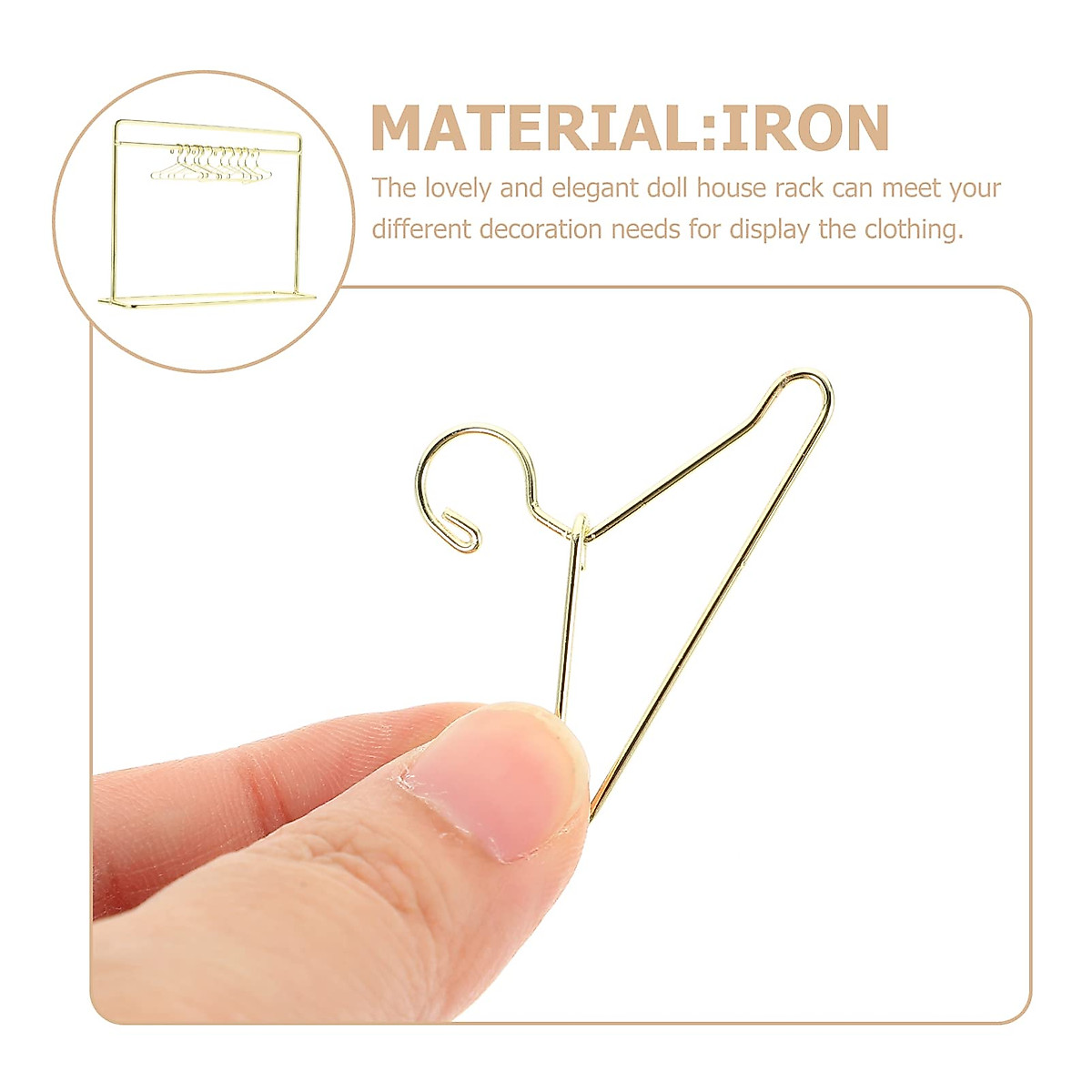 NUOBESTY Doll Hangers Miniature Garment Rack with 10pcs Mini Clothes Hangers Metal Dress Outfit Holders for Closet Wardrobe Dollhouse Furniture Accessories Golden Doll Closet