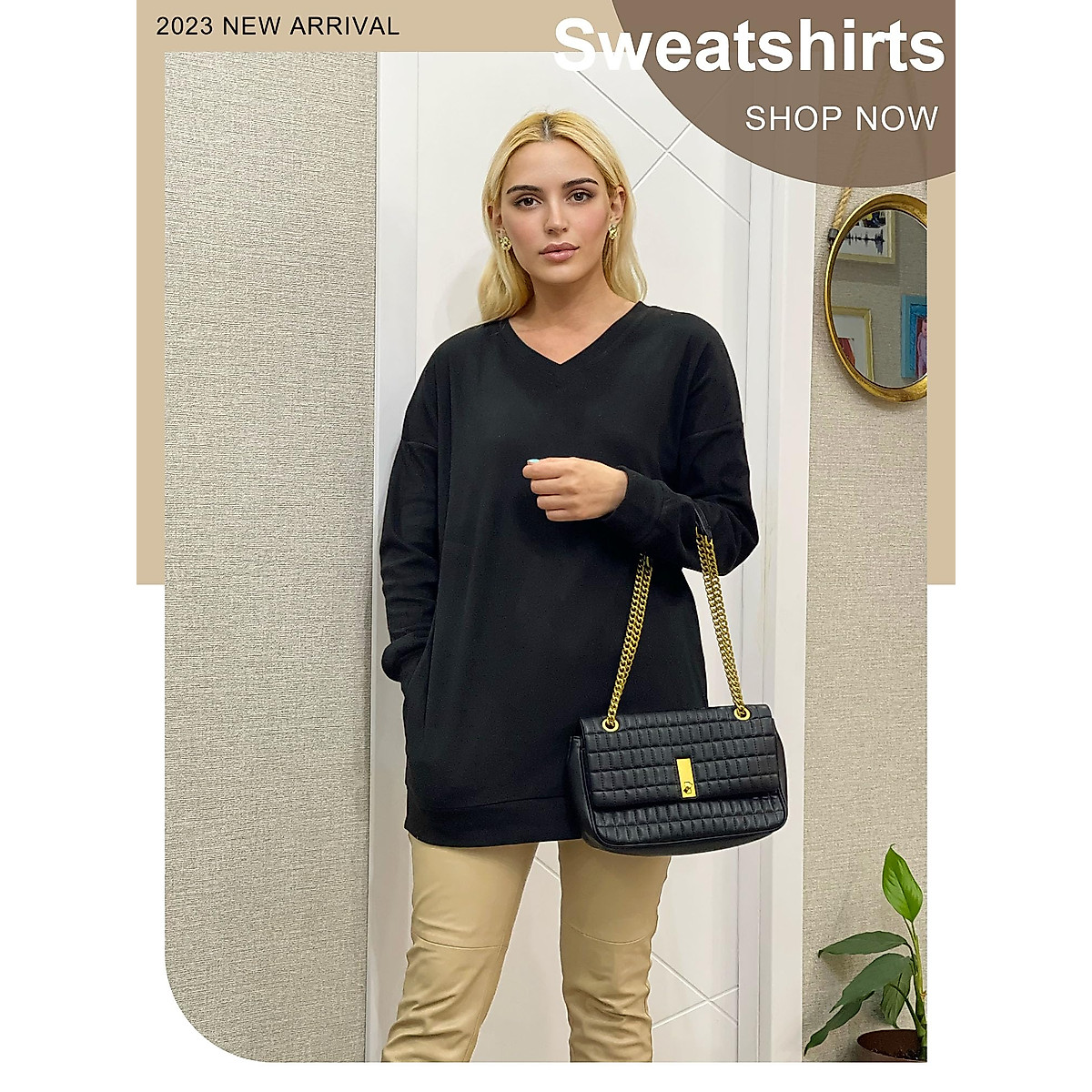 OFEEFAN Oversized Sweatshirts for Women V Neck Long Sleeve Pocket Tops Black XXL