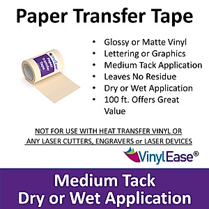 Vinyl Ease 6 inch x 100 feet roll of Paper Transfer Tape with a Medium to High Tack Layflat Adhesive. Works with a Variety of Vinyl. Great for Decals, Signs, Wall Words and More. American Made V0820
