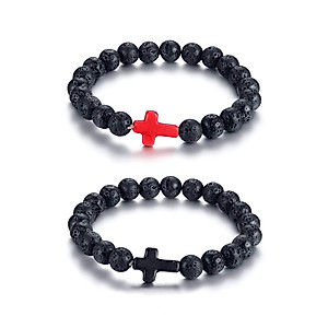 Fashion Month Volcanic Energy Lava Stone Black Red Cross Charm Bracelets for Women Men Yoga Beads Couple Jewelry Stretch