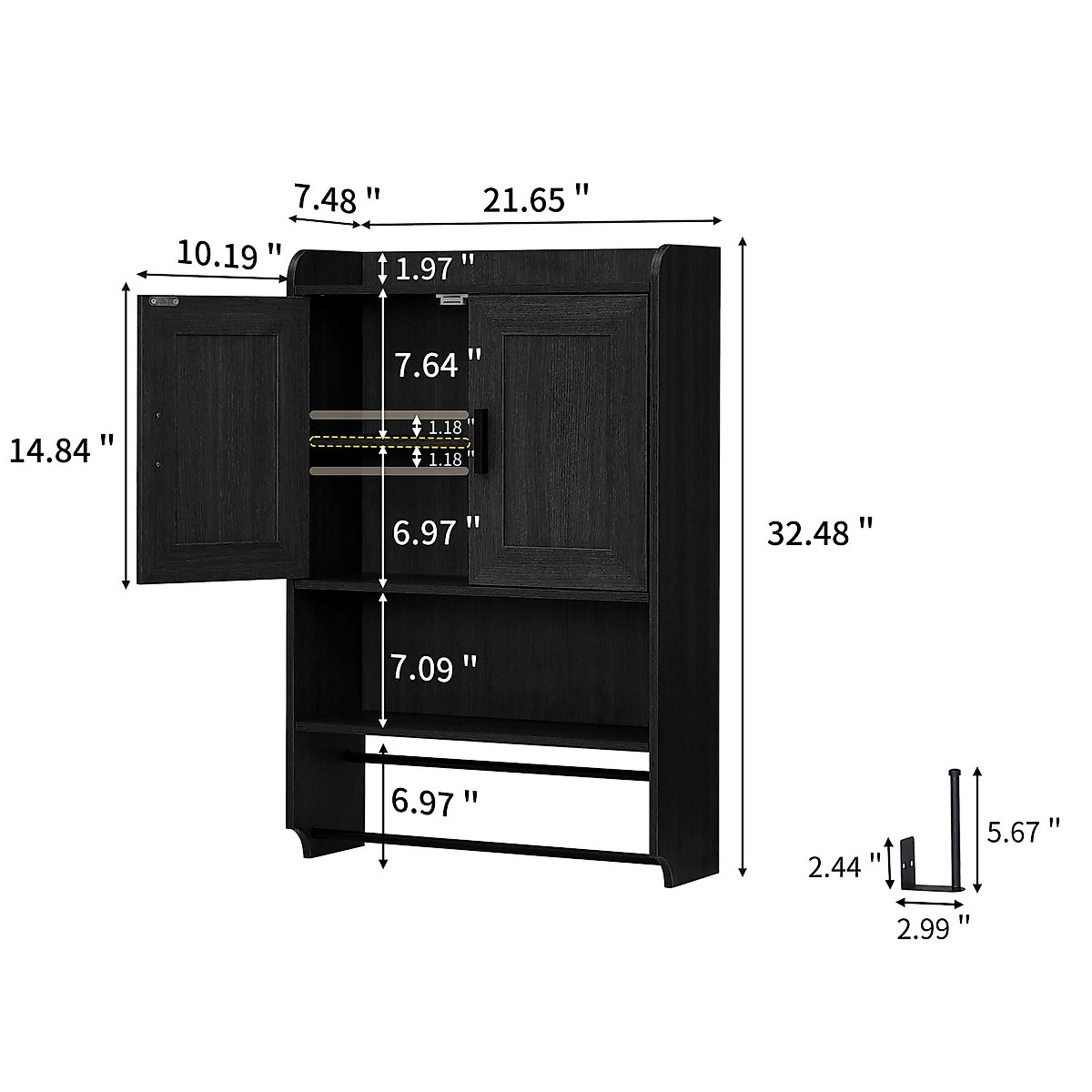 Bathroom Wall Cabinet, Wooden Medicine Cabinet Over the Toilet with Adjustable Inner Shelf, Wall Mounted Cabinet with Doors for Bathroom Storage, Hanging Cabinet for Wall with Towels Bar (Black)