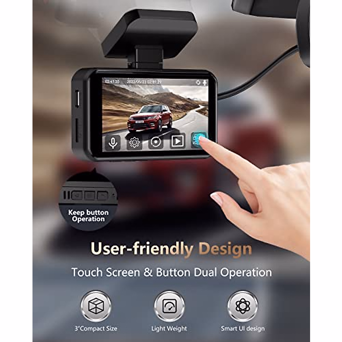 Dash Cam Front 4K and Rear 1080P Ussunny Dual Dash Camera for Cars with 3-inch Touchscreen, WDR, Night Vision, GPS, 170°Wide Angle Dashboard Camera Recorder, Support 256GB Max