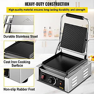 Happybuy Commercial Sandwich Panini Press Grill,110V 1800W Up Grooved and Down Flat Plates Electric Sandwich Maker, Temperature Control 122°F-572°F for Hamburgers Steaks Bacons