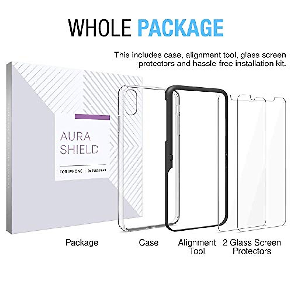 FlexGear Case for iPhone X XS with 2X Tempered Glass Screen Protectors [Full Protection] - Crystal Clear
