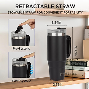 TYESO 30 oz Tumbler with Handle, Straw and Lid - Leak Resistant Insulated Stainless Steel Water Bottle, Car Cup Holder Friendly Travel Coffee Mug Black - Gifts for Men & Women