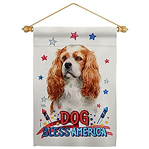 Breeze Decor Patriotic Cavalier King Spaniel Garden Flag-Set Wood Dowel Dog Puppy Spoiled Paw Canine Fur Pet Nature Farm Animal Creature House Banner Small Yard Gift Double-Sided, Made in USA
