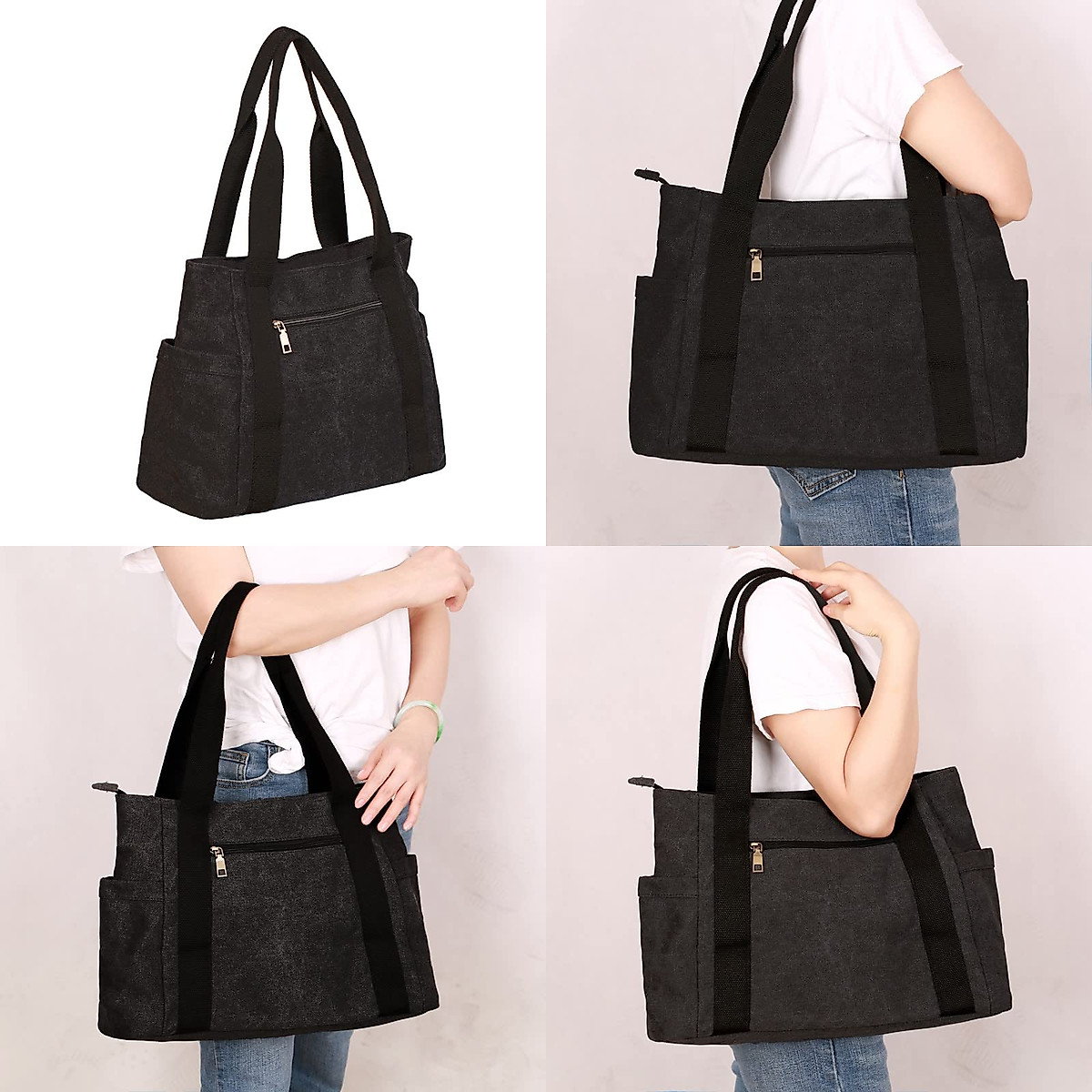 YHSHYZH Black Tote Bags for Women, Canvas Work Bags, Medium Beach Bag with Zipper, Teacher Shoulder Bag, Everything Purses for Women Gifts Trendy (Medium, Black) …