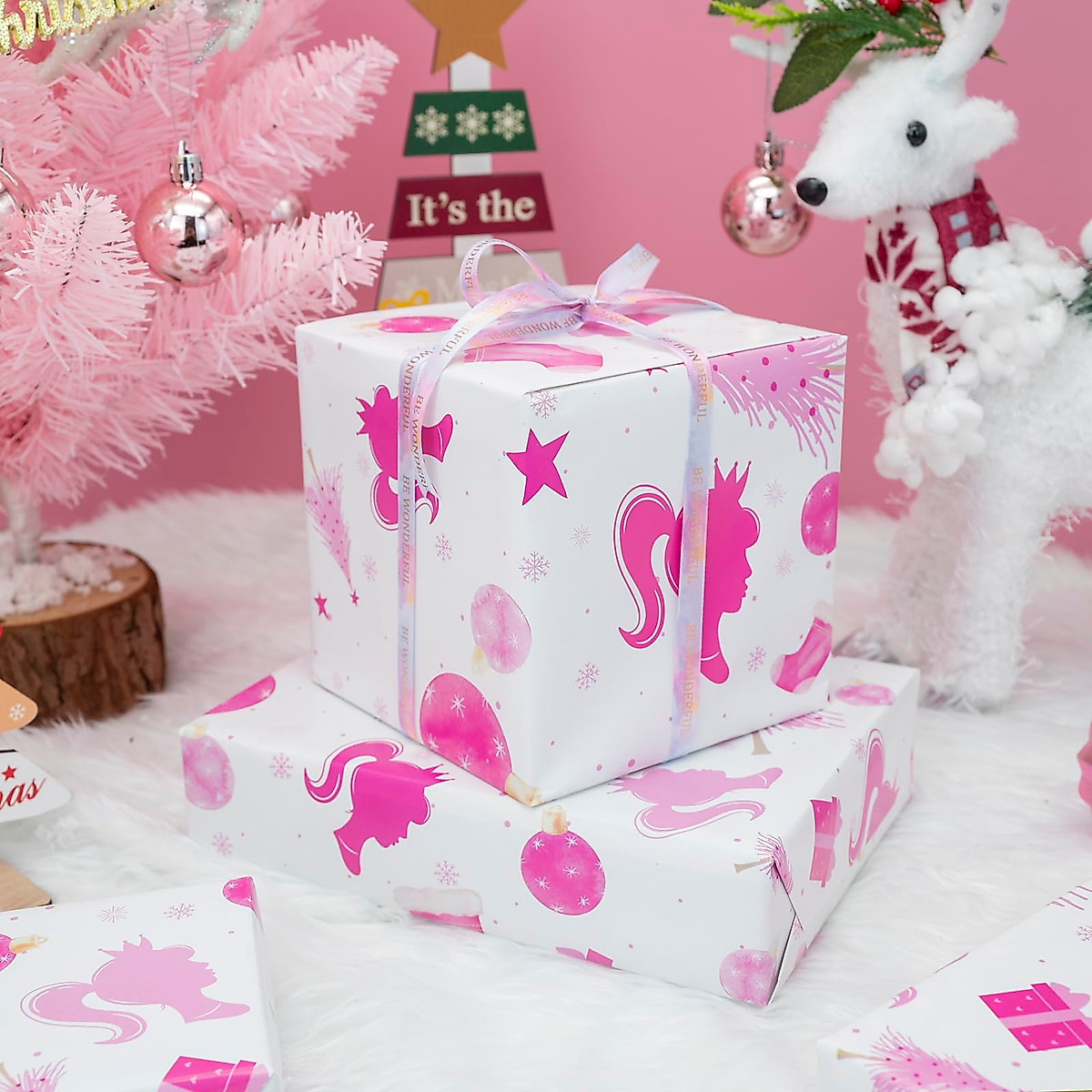 Vnaaem Pink Christmas Wrapping Paper for Girls Kids - Princess Christmas Tree Stocking Gift Design Cute Xmas Gift Wrap for Holiday Party Baby Shower Wedding Winter Birthday, 19.6 X 27.8Inch Per Sheet(6 Sheets)