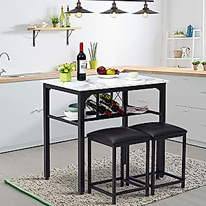 Kinfant 3 Pcs Bar Dining Table and Chairs Set with Faux Marble Tabletop - 2 Chairs, Contemporary Dining Table Set with Wine Rack for Home, Hotel, Dining Room, Kitchen or Bar, White & Black