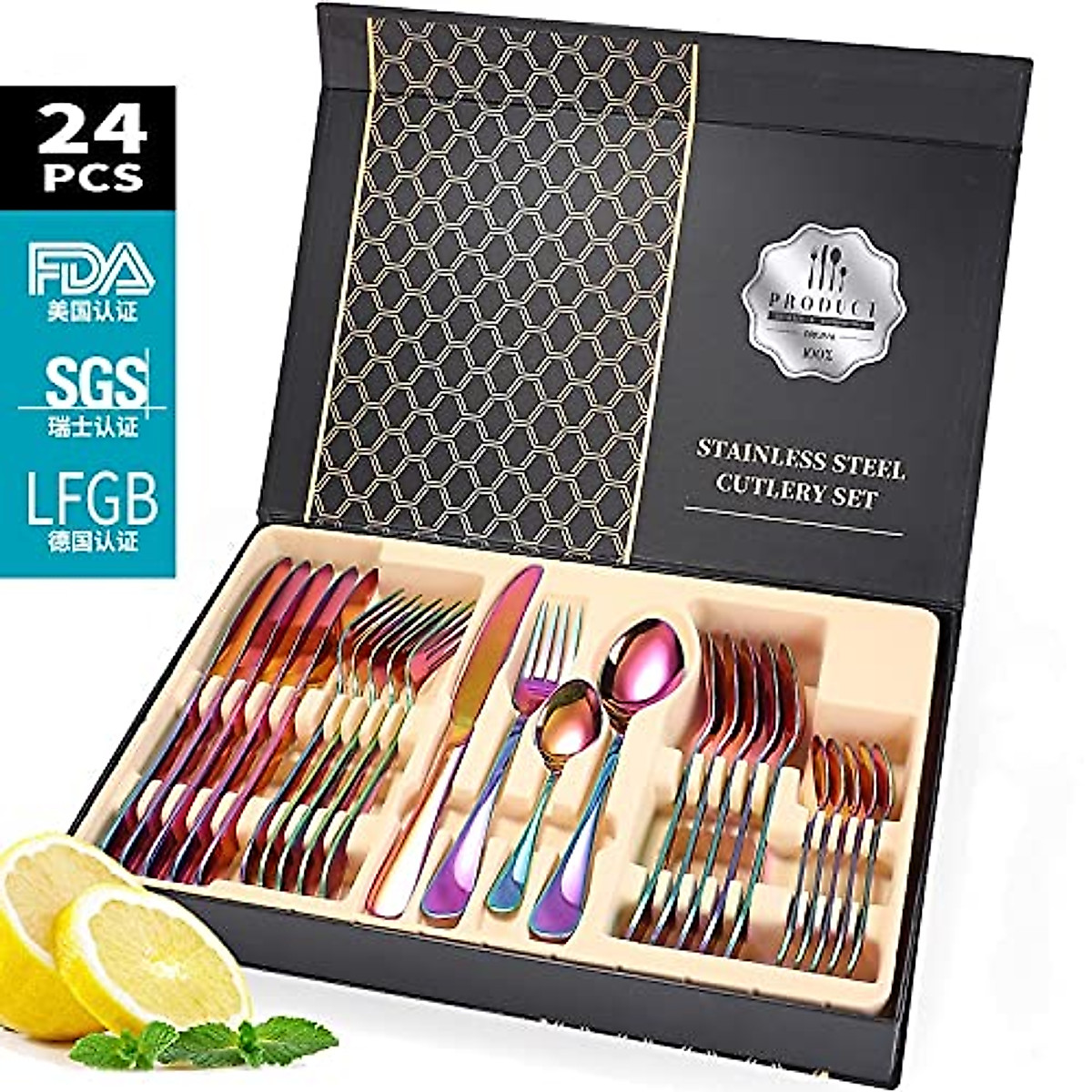 24Pcs/set Gold Cutlery Specular Light Steak Knife Fork Coffee Spoon Stainless Steel Teaspoon Upscale Home Restaurant Cutlery Set (Color : Silver)