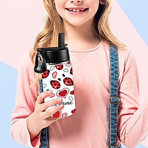Personalized Kids Water Bottles with Silicone Straw Lid, Custom Stainless Steel Cute Funny Thermos with Name Text for Girls & Boys, Perfect for Travel, School, Outdoors, and Gym - Ladybugs