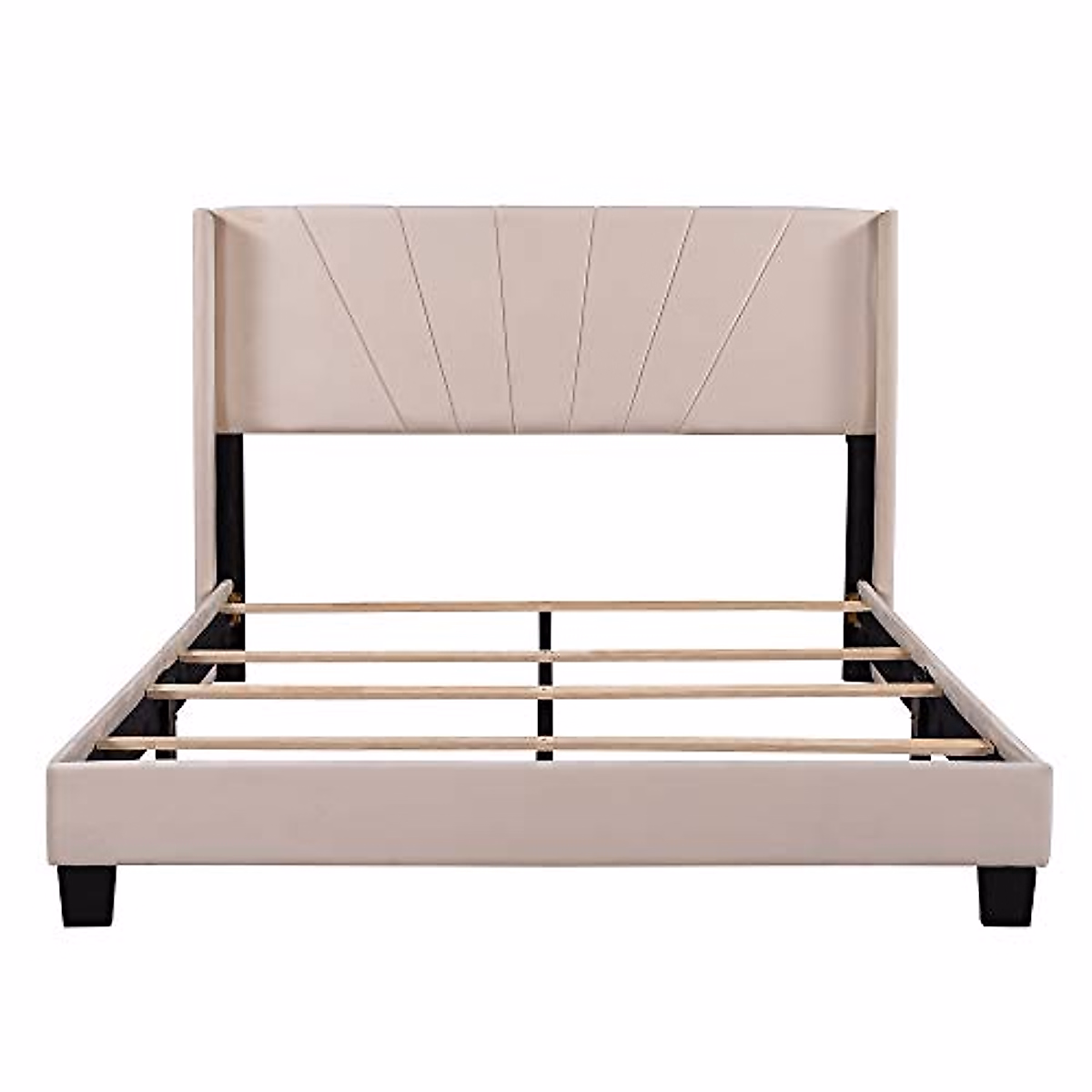 HBRR Queen Size Bed Frame with Velvet Upholstered Headboard, Low Profile Platform Bed with Wood Slats, Fully Upholstered Mattress Foundation, Noise-Free, Easy Assembly, Beige