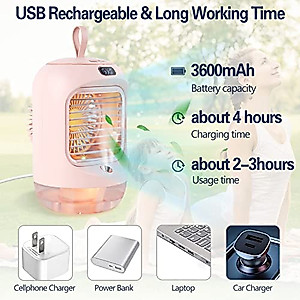 3 IN 1 Portable Air Conditioners, Air Conditioner Portable for Room Sprayable Misting Humidification Cooling Fan, 3600mAh USB Rechargeable, 3-Speed, Desk Fan with LED Display for Office, Home (Pink)