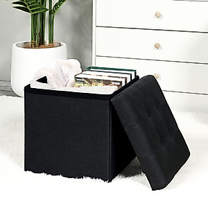 B FSOBEIIALEO Storage Ottoman Cube, Storage Chest Folding Foot Rest Seat, Linen Black 12.6"X12.6"X12.6" (2 Pack)